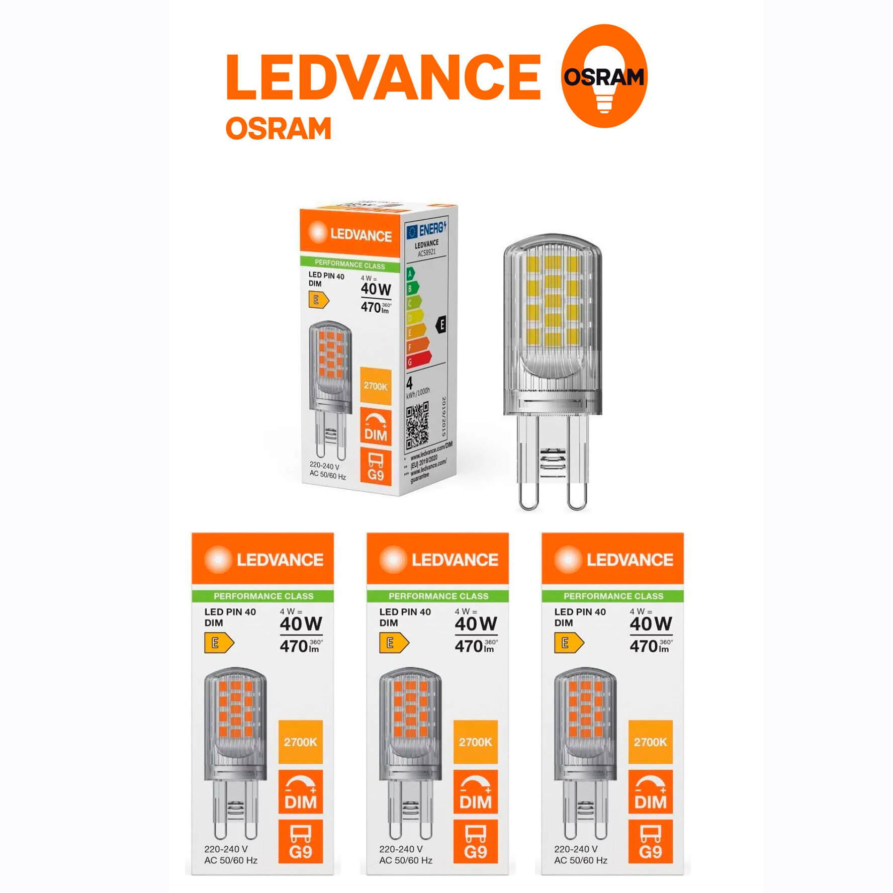 3шт/уп. Лампа LED Капсула 4W 230V G9 PIN DIM Диммируемая 470Лм d18x49 Угол 360 град. 2700К Свет Теплый белый LEDVANCE-OSRAM, уп. 3шт