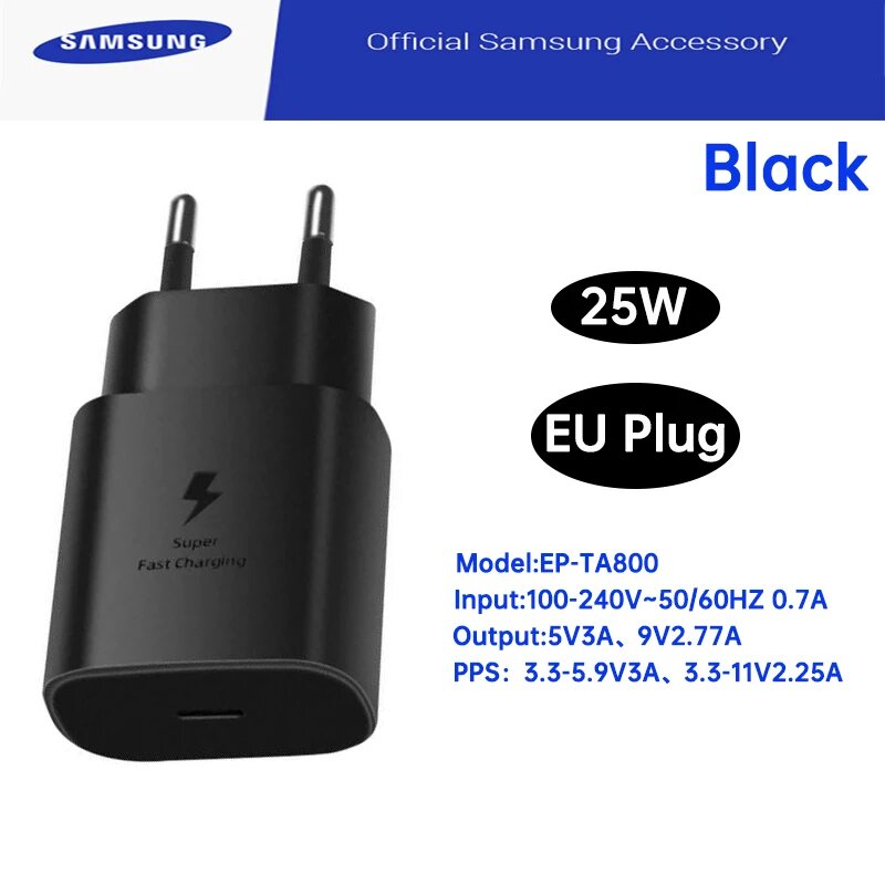 Ep-Ta800 Samsung 25w Pd Supercharger Usbc Charger Adaptador Galaxy S25 S24 FE S23 S22 S21 A54 A34 M54 Type C Кабель для быстрой зарядки Black EU Plug, only charger