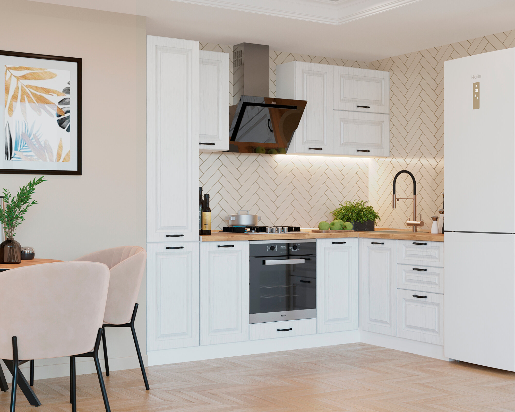 Кухонный угловой гарнитур Вегас дуб Арктика, 2400х1600 мм, с пеналом