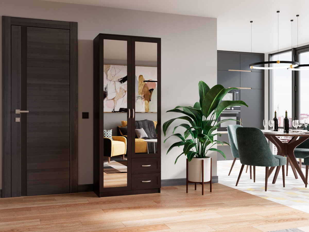 Шкаф распашной Стелла-7 Венге для одежды с зеркалом двухдверный 80*250*50