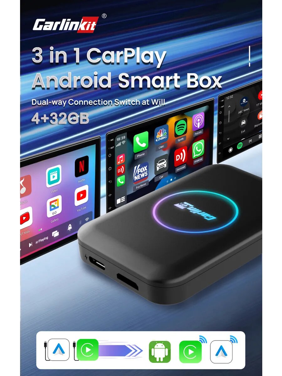 Медиаплеер CarlinKit, 4ГБ/64ГБ, Android, Wi-Fi, Bluetooth, красный