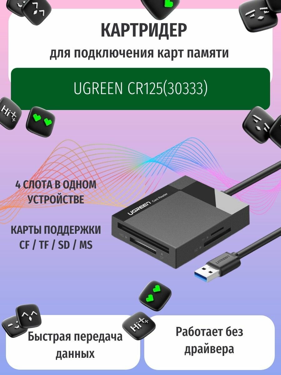 Кардридер UGreen CR125 (30333) USB 3.0, длина кабеля 50см, цвет черный