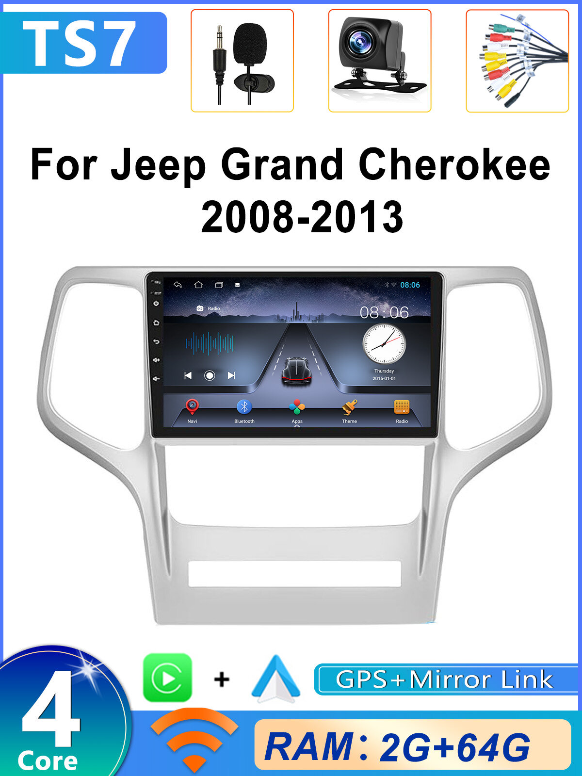 Автомагнитола Android подходит для Jeep Grand Cherokee WK 2008-2013, Bluetooth Wi-Fi Сенсорные кнопки , Серебристый CARPLAY IPS