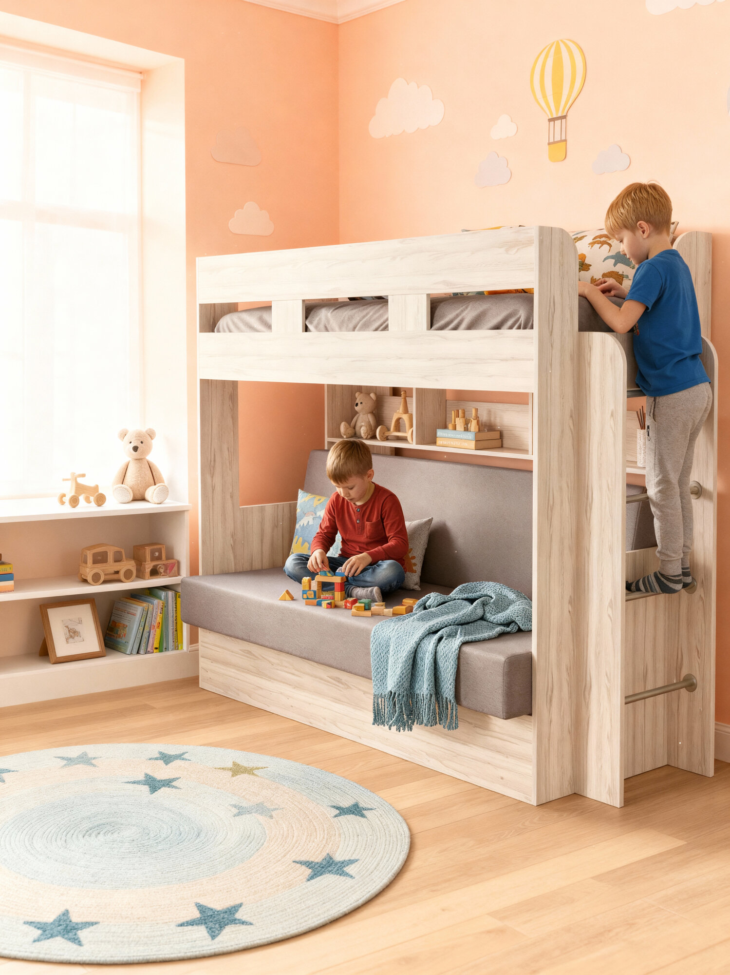 Двухъярусная кровать Welcome, с диваном снизу, дуб крафт, белый