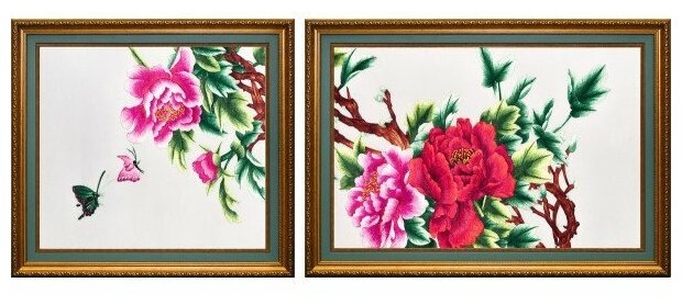 Декоративная настенная картина Живой Шелк Диптих Весенняя рапсодия комплект из 2, вышивка шелком ручная с 3Dэффектом/см 102х44х3/в багете