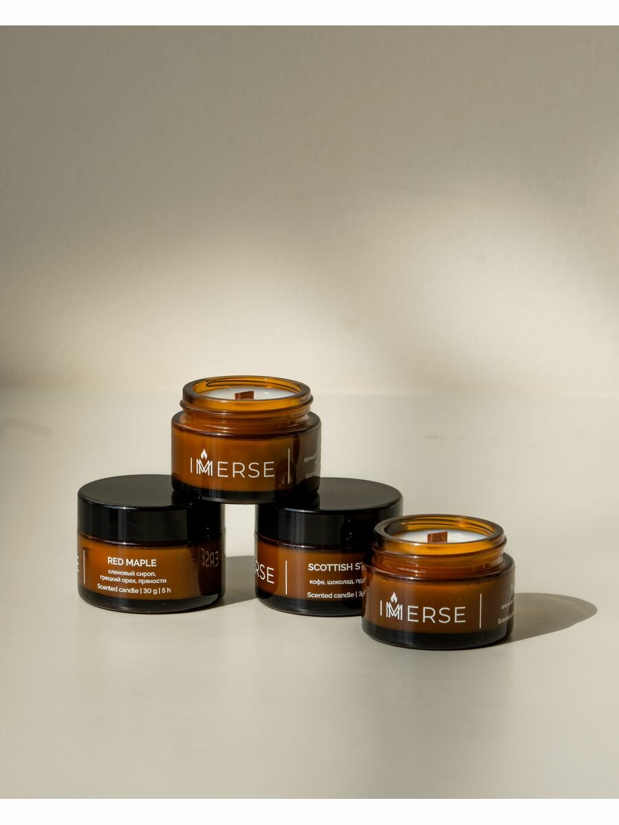 Подарочный набор ароматических свечей с ароматом - Кофе и Шоколад, Кленовый сироп и Грецкий орех, Глинтвейн и Черный перец, Апельсин и Корица