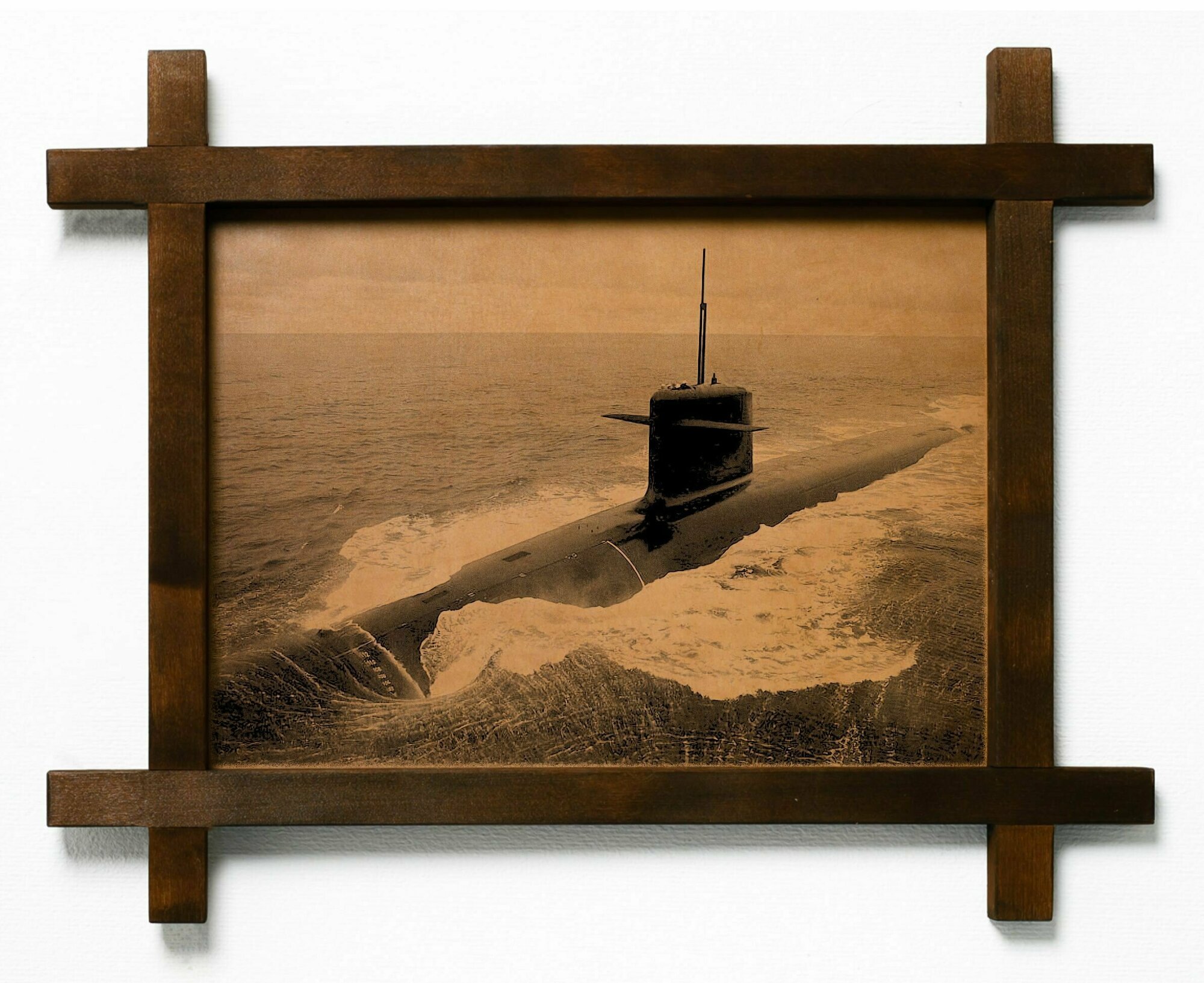 Интерьерная картина из натуральной кожи "Подводная лодка", декоративное настенное панно в деревянной раме, BoomGift