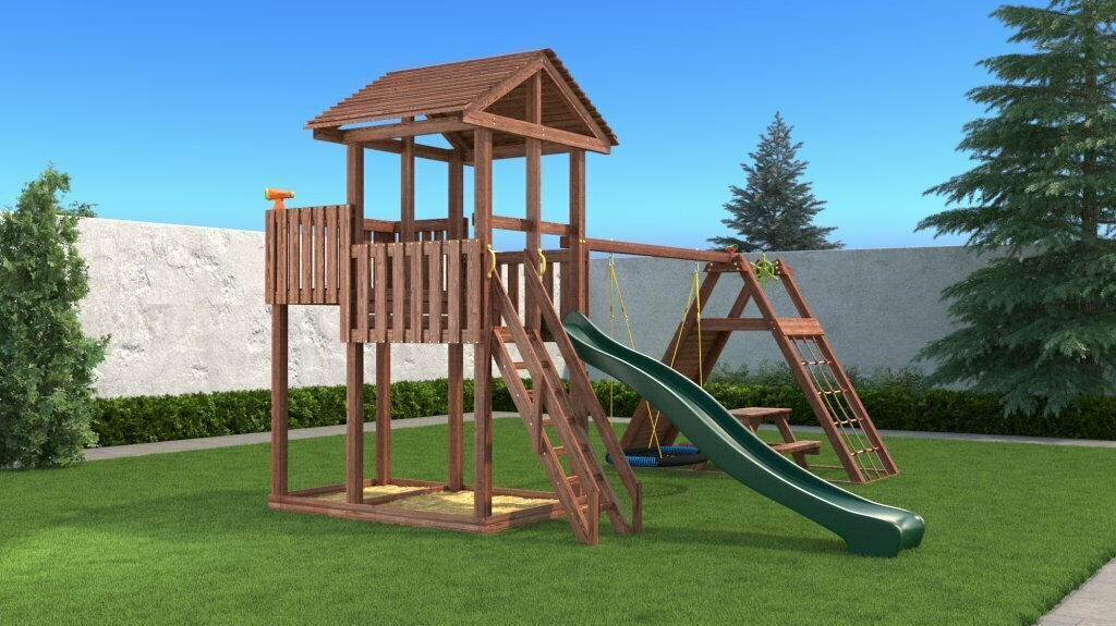 CustWood Family F8 Детская деревянная игровая площадка, игровой спортивный комплекс с домиком, качелями, песочницей и скалодромом для дачи и улицы