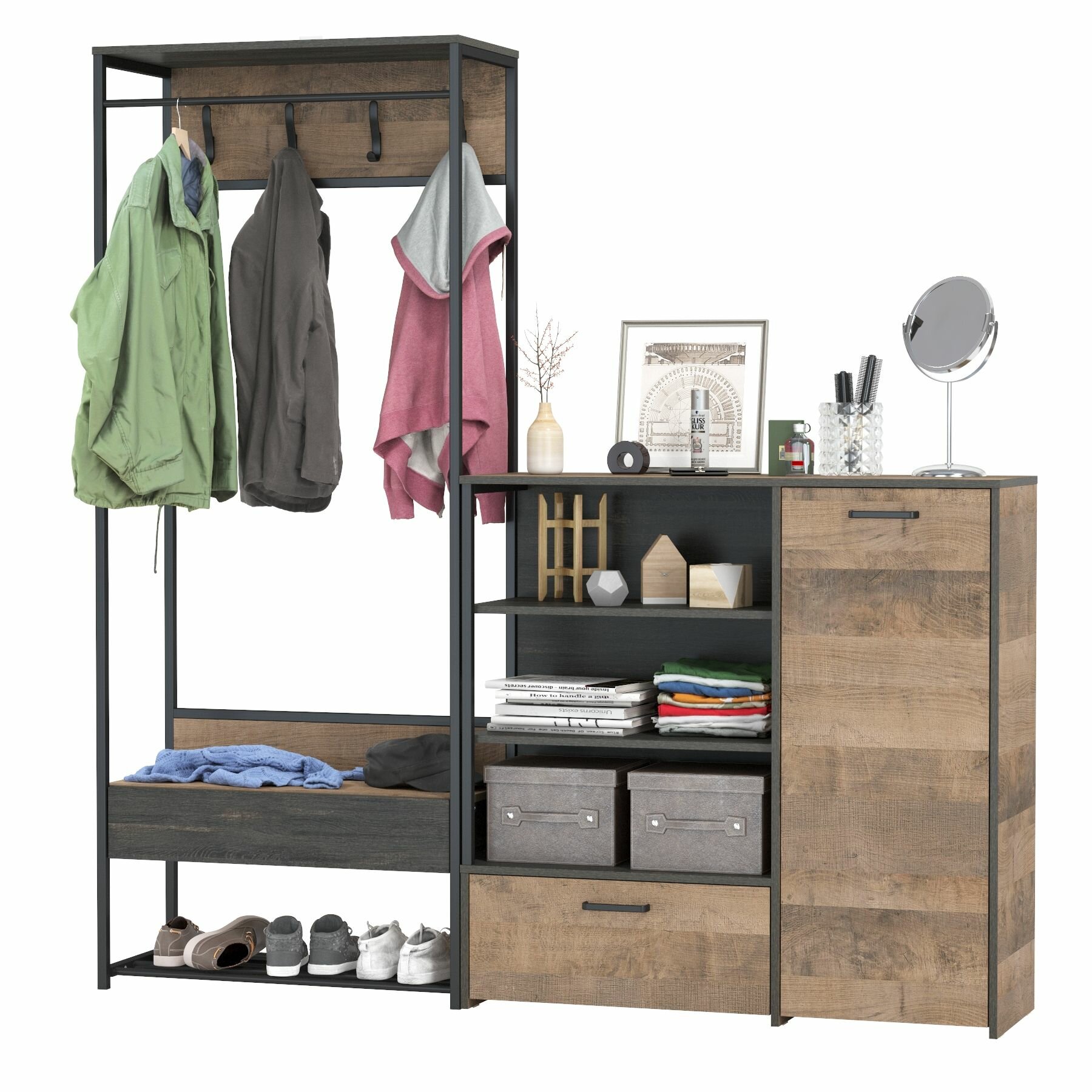 Прихожая 15.120 с широким комодом Трувор, цвет дуб гранж песочный/интра, ШхГхВ 189х36,9х194,2 см, универсальная сборка