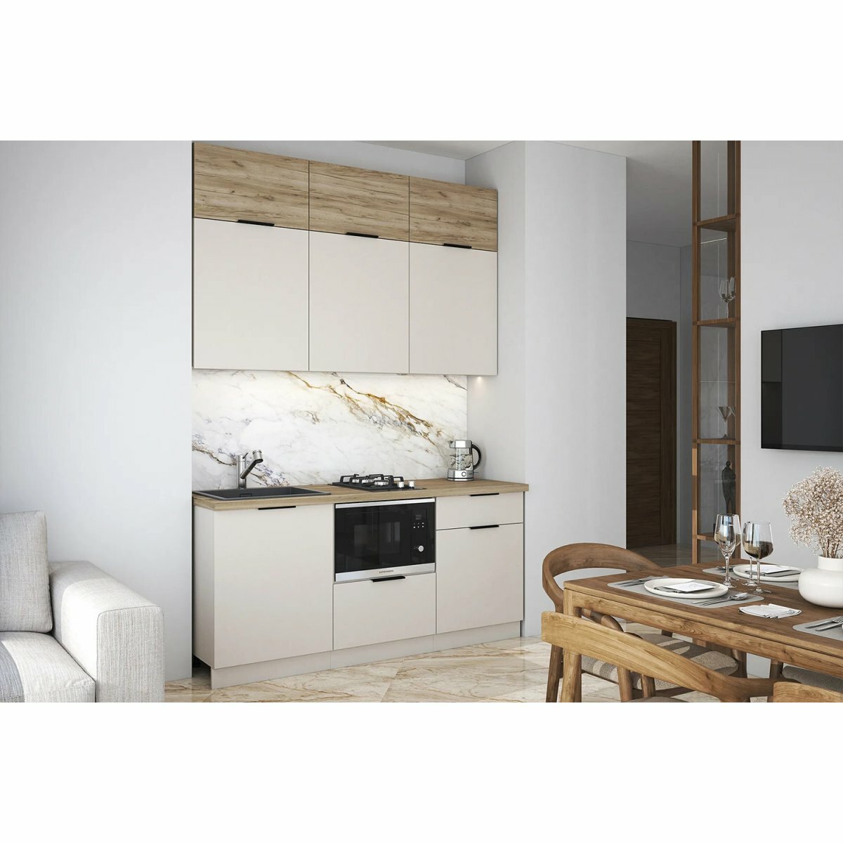 Кухня " Бохо " 1,8 метра (Улучшенная фурнитура) цвет фасадов Дуб крафт серый / Кашемир , ЛДСП, МДФ