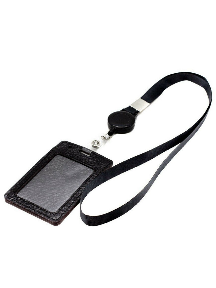 Бейдж черного цвета с лентой/ Держатель бейджа с ретрактором рулеткой и карманом для карт