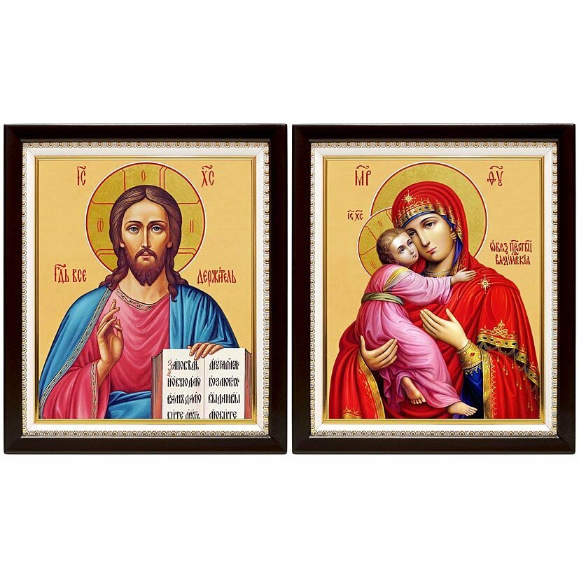 Венчальная пара "Спаситель-Владимирская" (лики № 128-003), две иконы в темных деревянных киотах 22*25,5 см