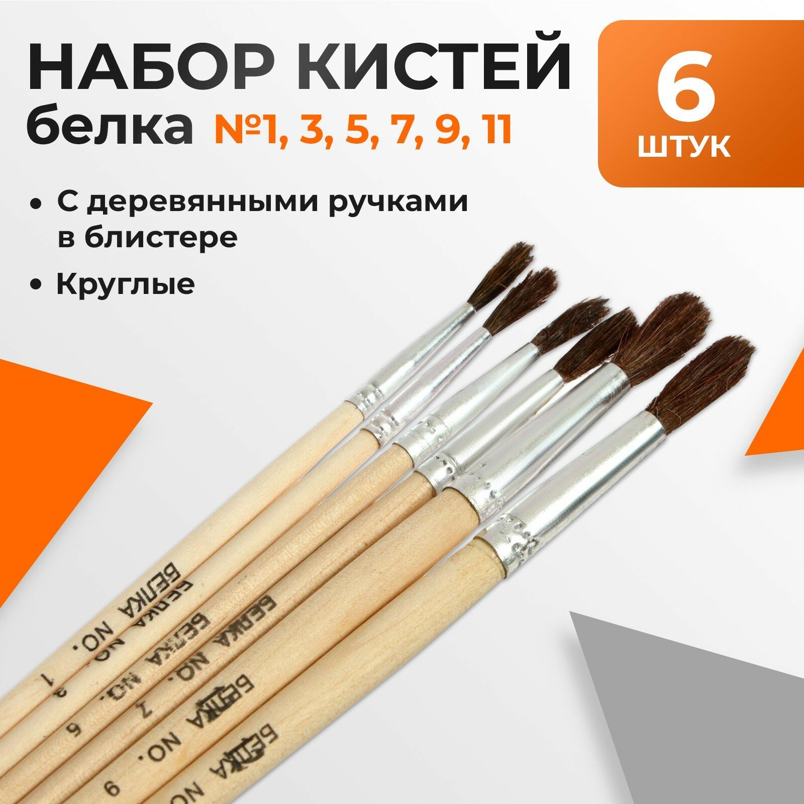 Набор кистей для рисования, белка, 6 штук: № 1, 3, 5, 7, 9, 11, круглые, деревянная ручка, международный размер