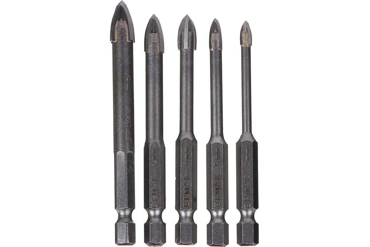 Ермак Набор сверл для кафеля и стекла, 4 реж. лезвиями, 6-гран хвостовик, 5 шт 4/5/6/8/10 мм