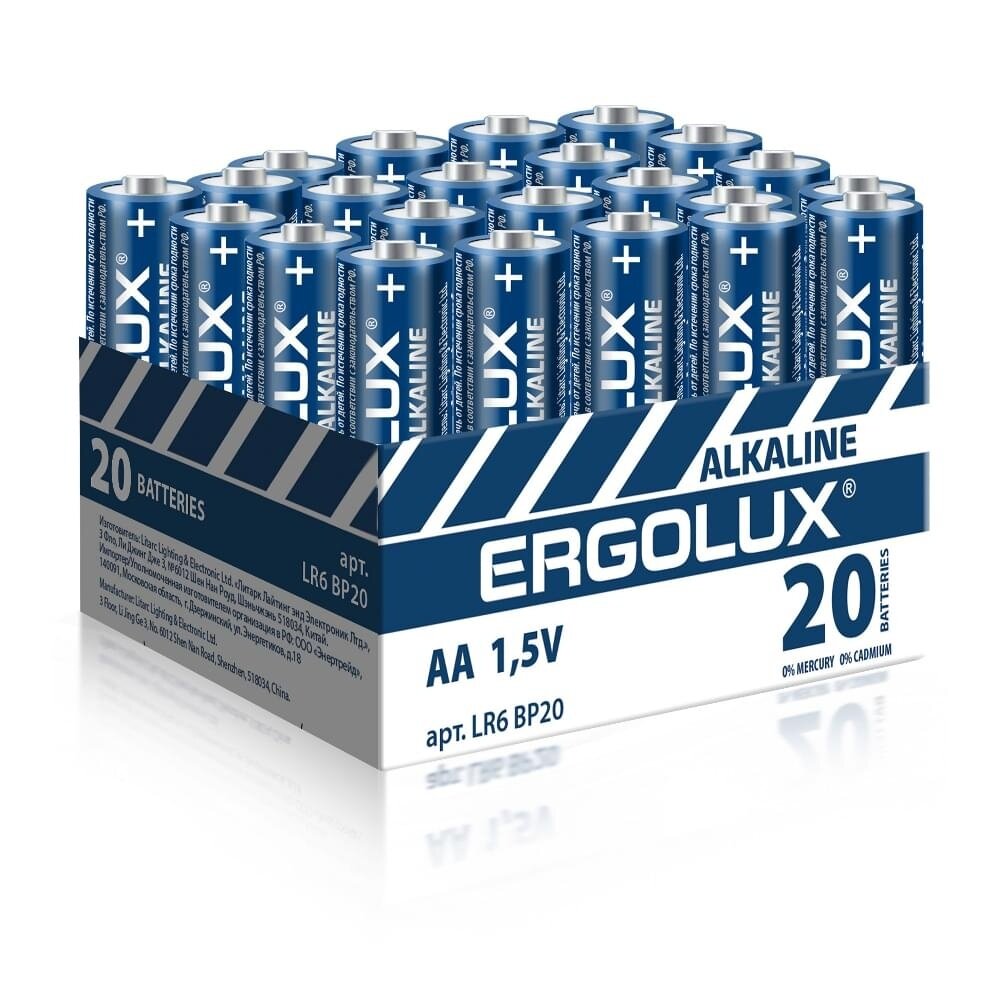 Батарейки ERGOLUX Alkaline, BP20 LR6, пальчиковые, АА, 1,5 В, 20 шт