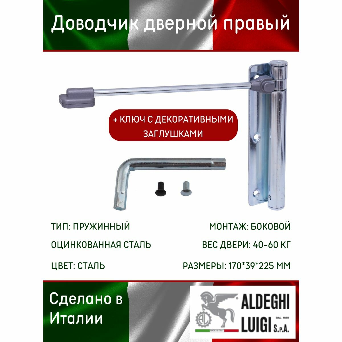 Доводчик дверной ALDEGHI LUIGI SpA правый 170х39х225 мм, цвет: оцинкованная сталь, к-т: 1 шт. + ключ с декоративными заглушками