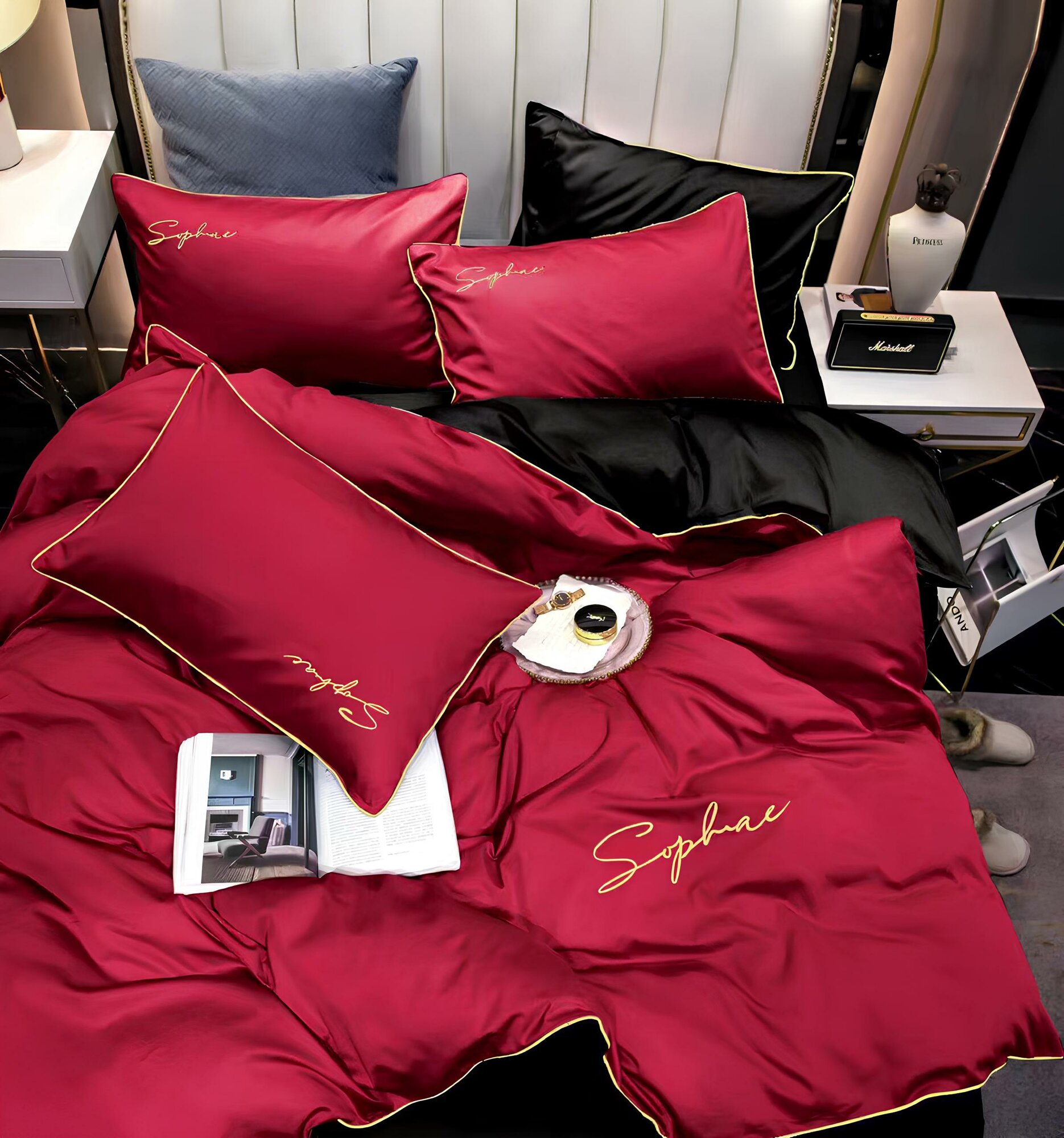 Постельное белье евростандарт 2 спальное красный, черный/ евро/ Mency Сатин, Жатка простынь 215x235