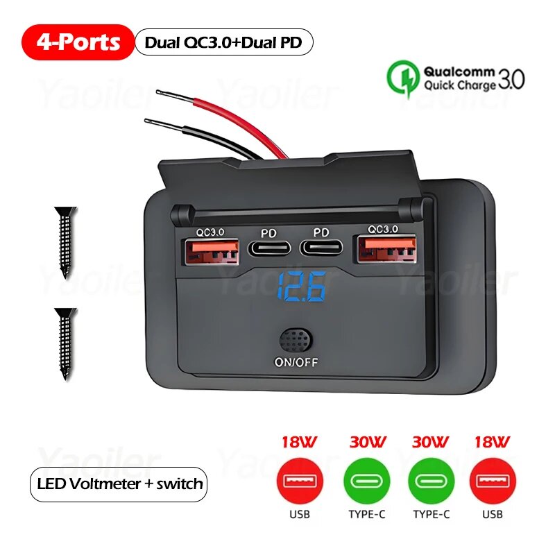 108 Вт, 12 В, USB-розетка, 4 порта, двойная 36 Вт PD USB-C и двойная розетка для зарядного устройства QC3.0, настенное крепление для автомобиля, лодки, морского мотоцикла, автофургона