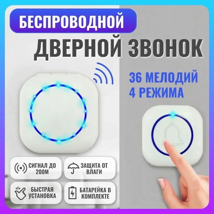 Беспроводной звонок дверной уличный, 36 мелодий, с питанием от батареек и от сети. Romp Home