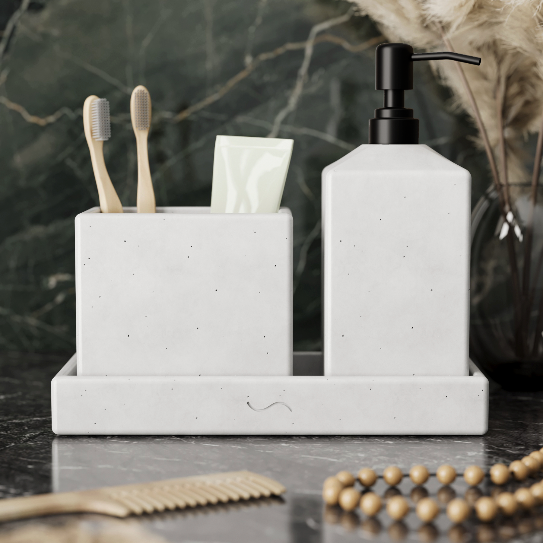 Набор для ванной Emily 11 (дозатор с черной помпой, стакан двойной, поднос S), бетон, белый глянцевый