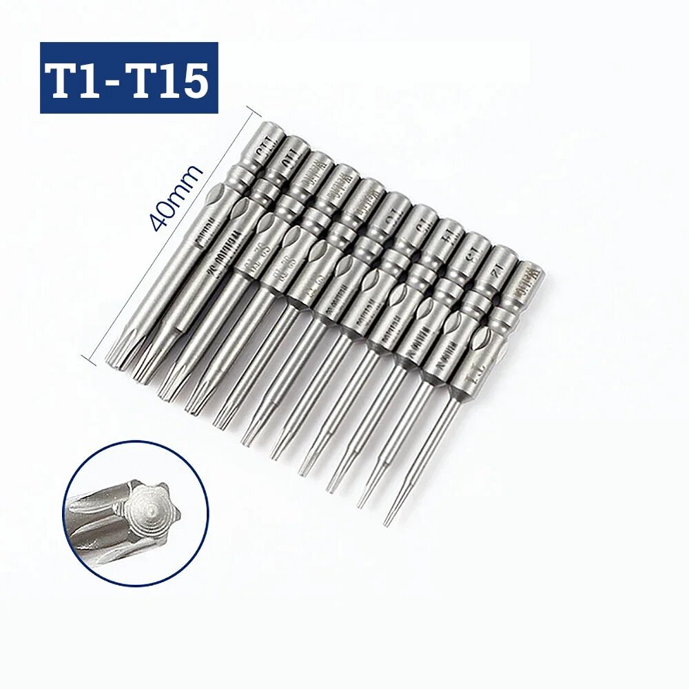 Набор бит Torx T1-T15, S2, 40 мм, 10 шт