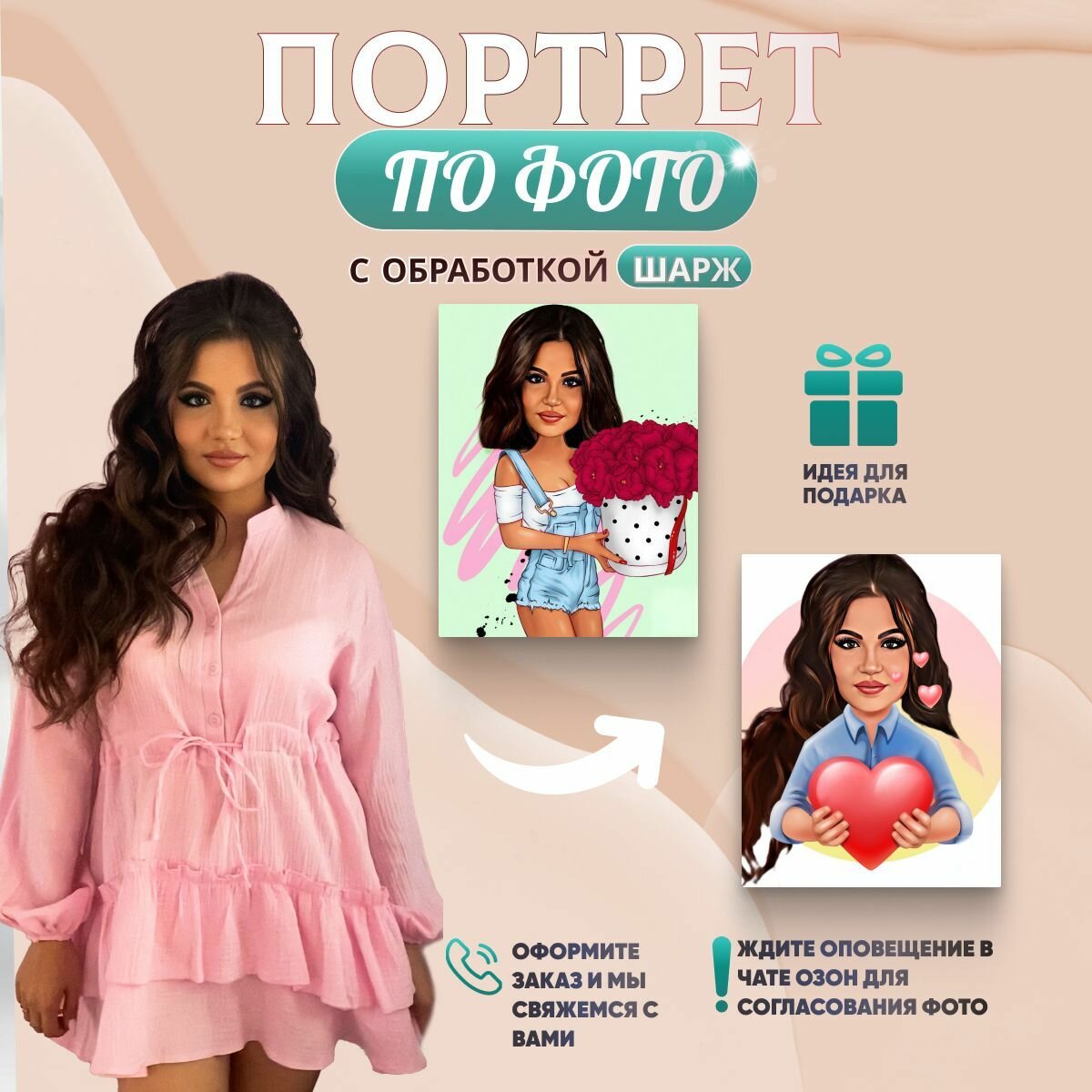 Картина по фото на холсте печать фотографий для интерьера на стену, портрет на заказ Шарж 50х70 см