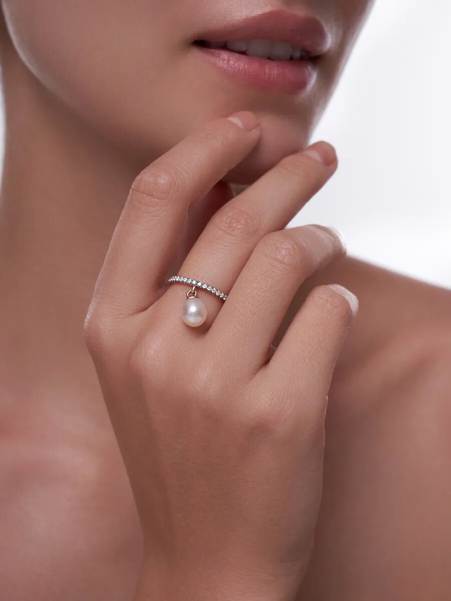 Кольцо дорожка, тонкое, серебро, 925 проба, родирование, жемчуг культивированный, фианит