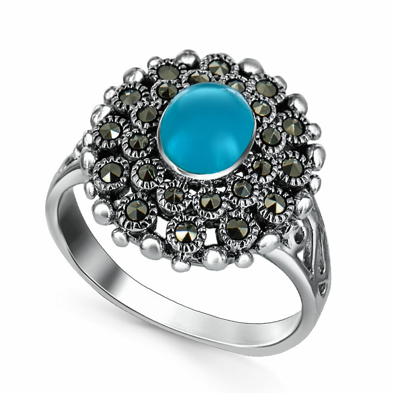 Кольцо, серебро, 925 проба, марказит, бирюза