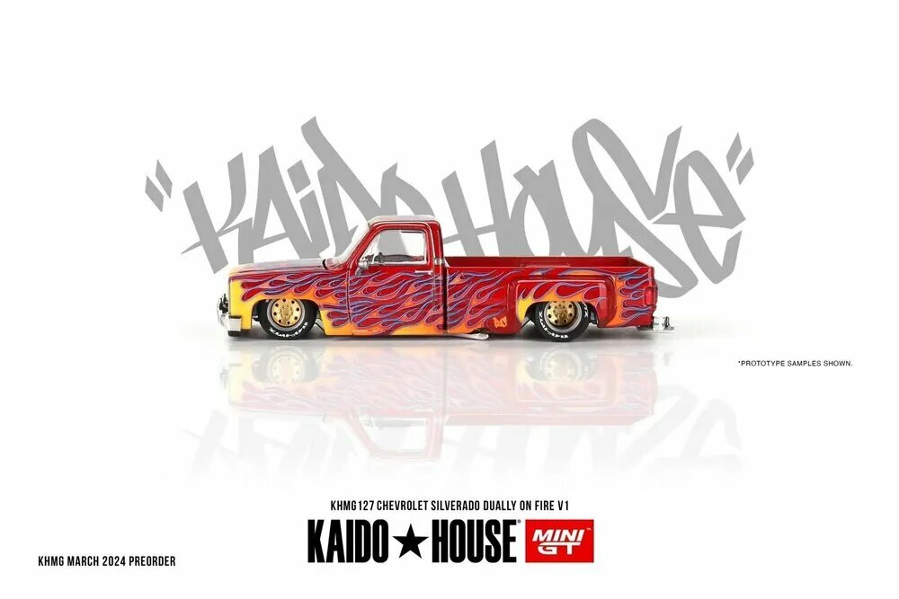 MINI GT+KAIDO HOUSE Khmg 127 Chevrolet Silverado Dually On Fire V1 Литой под давлением автомобиль модели 1/64 Kaido Works V1