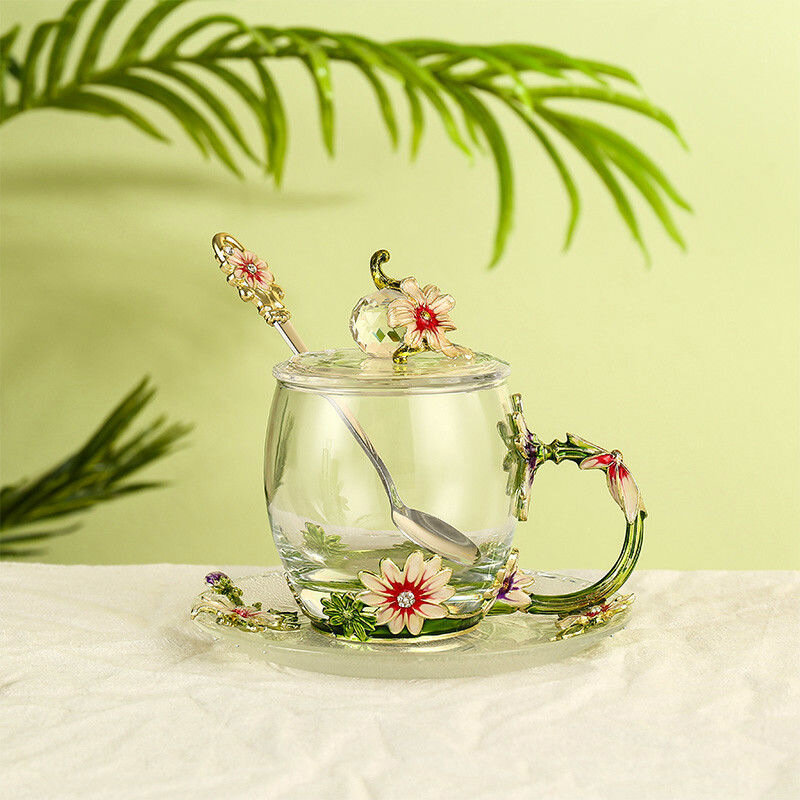 Чайная чашка "Маргаритка", хрустальное стекло, с цветочной эмалью, 350мл--зеленый1