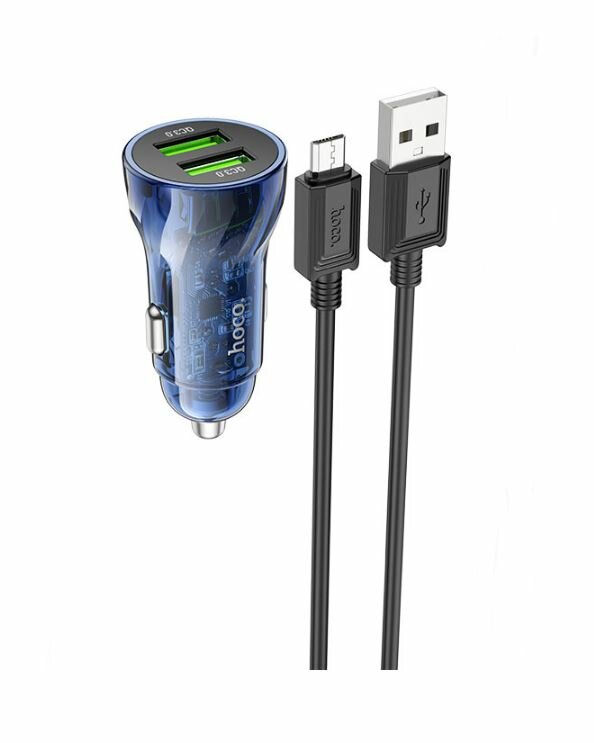 Блок питания автомобильный 2 USB HOCO Z47, Transparent discovery, 18Вт, QC3.0, кабель микро, синий