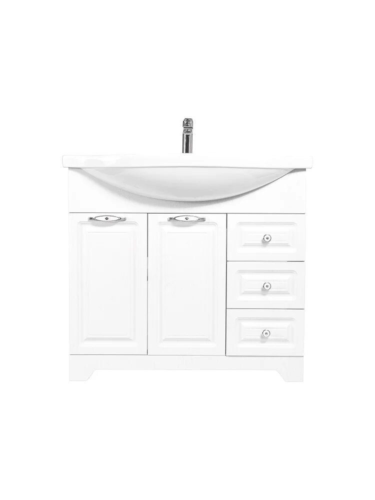 Тумба с раковиной Stella Polar Кармела 90 Люкс напольная, 90, 5 см, белая, матовая, из МДФ, с ящиками, с дверками, раковина для ванной, фарфоровая, полукруглая, встроенный слив-перелив
