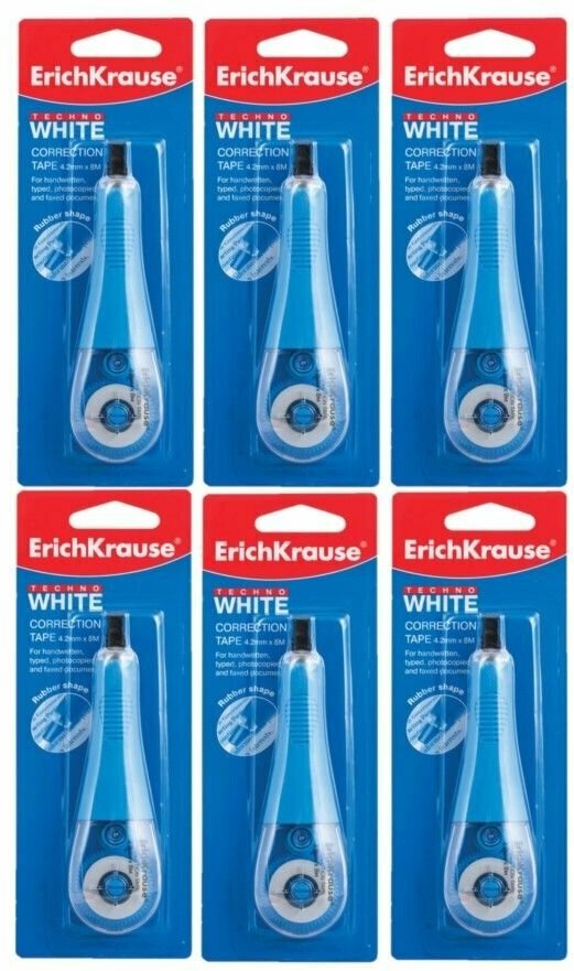 В наборе 6 штук - Корректирующая лента ERICH KRAUSE "Techno White", 4,2 мм х 8 м, блистер, европодвес