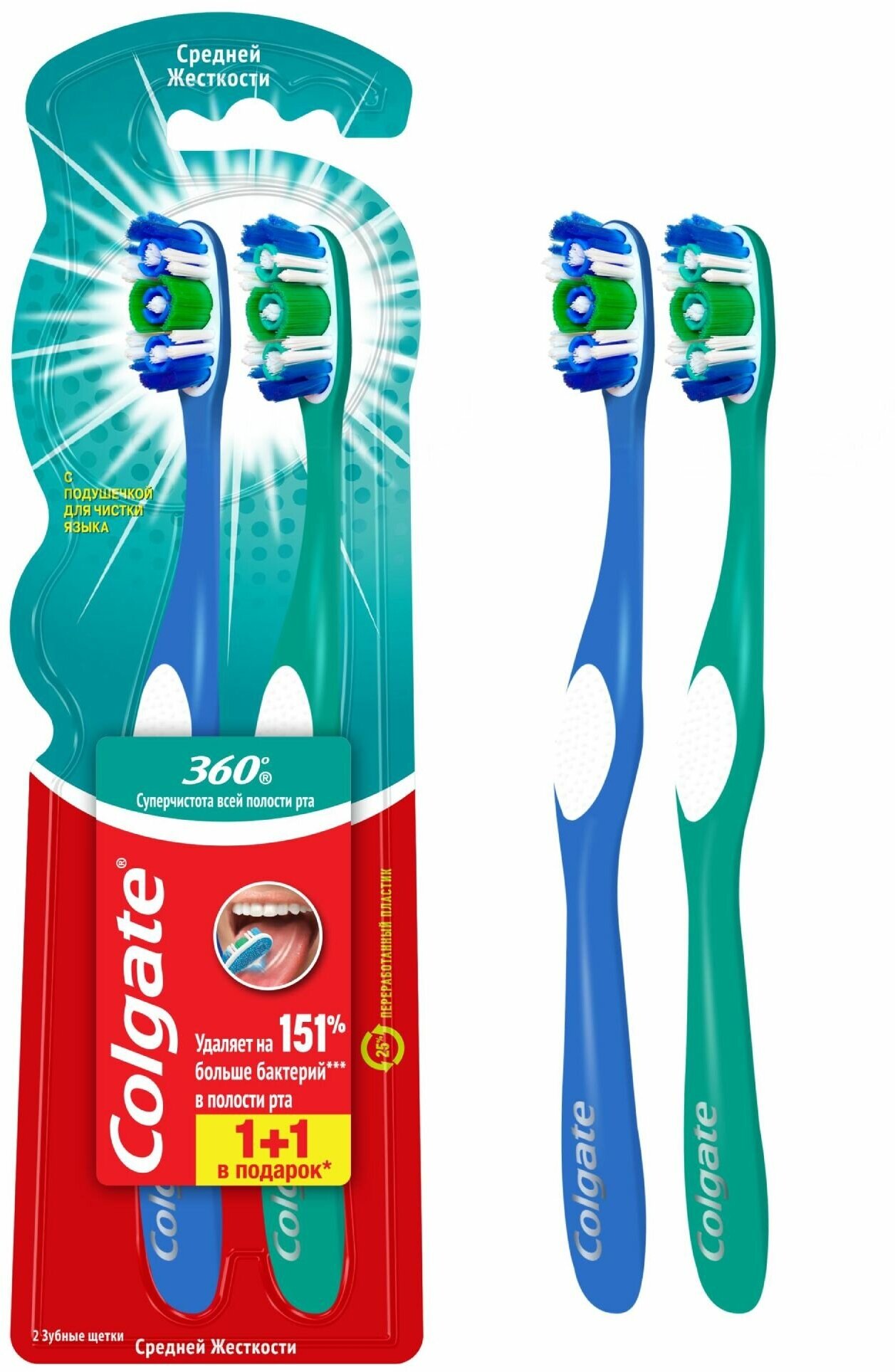 Colgate Зубная щетка 360 Суперчистота всей полости рта, средней жесткости 1+1