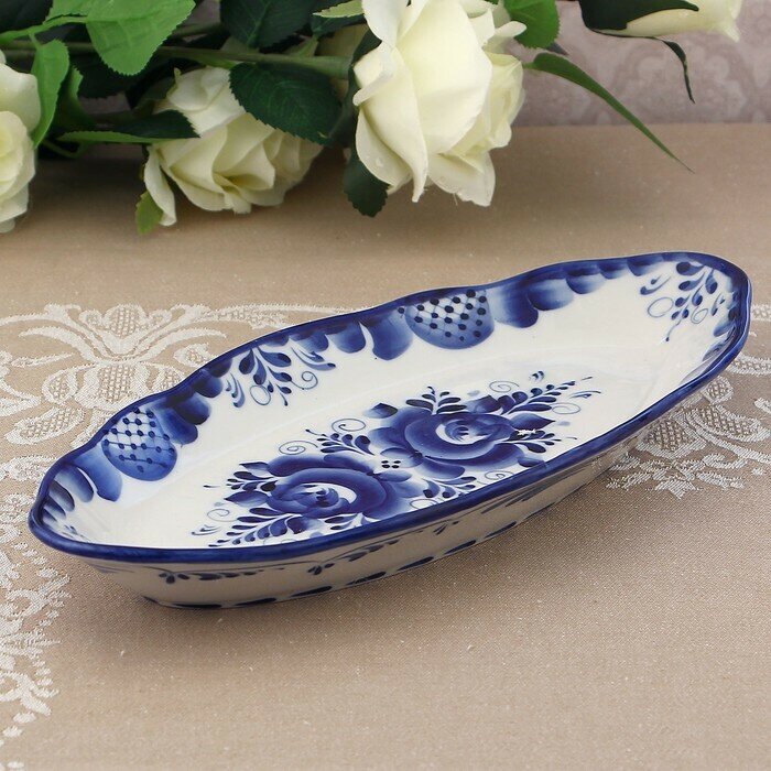 Блюдо "Селедочница", 28,5х13,5х4 см, фарфоровая посуда гжель, тарелка для закуски и холодца