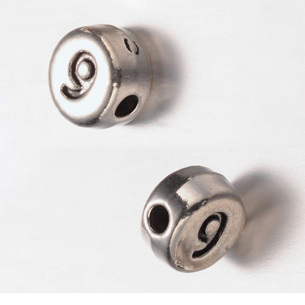 Бусина металлическая, 7х4мм, цифра 9, базовый материал - цинковый сплав, серебристая с чернением, 5 шт.