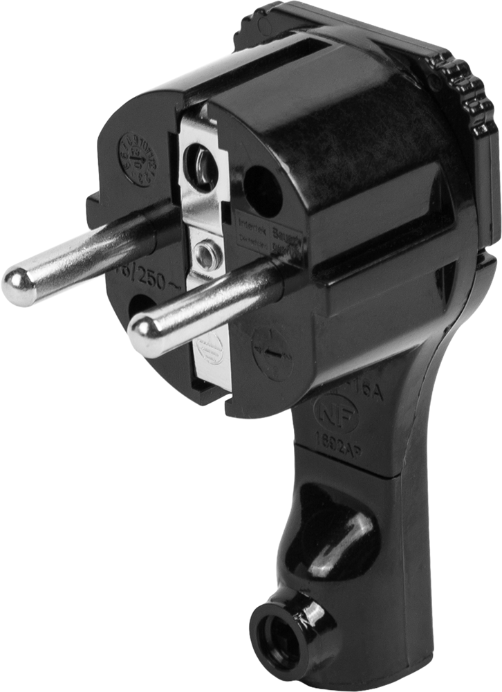 Вилка с заземлением Electraline плоская угловая за шкаф 220/240 В, цвет чёрный