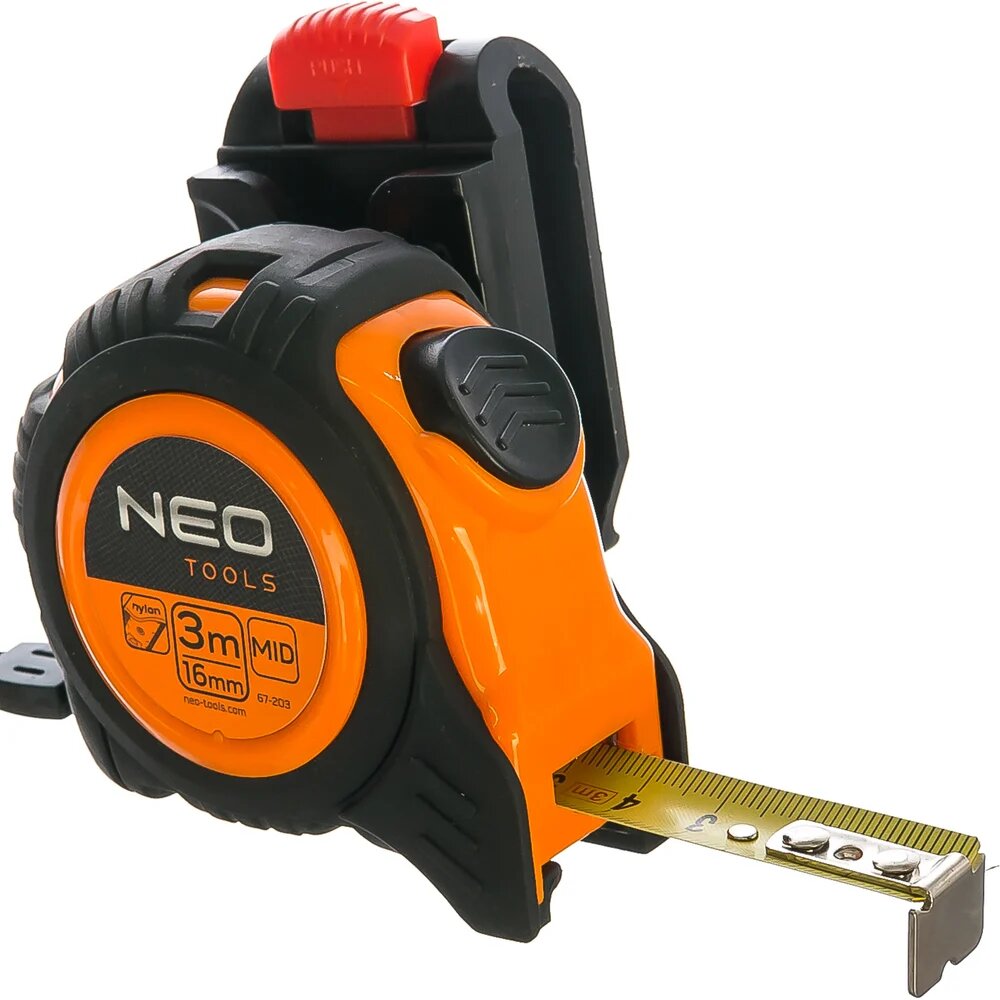 Рулетка NEO Tools стальная лента 3 м x 16 мм c автостопом 67-203, прочный