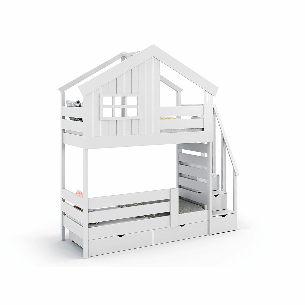 Meblevka Кровать домик для детей Корона 5 / Двухъярусная кровать-домик с ящиками Корона 5, 254х130х245, белый