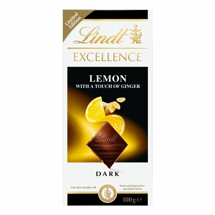 Шоколад тёмный с кусочками лимона и имбиря Lindt Excellence LEMON, 100 гр (Франция)