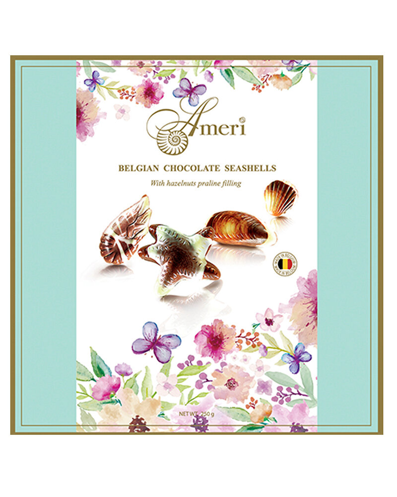 Шоколадные конфеты-ракушки Ameri, с начинкой пралине, 250 гр. (Упаковка с цветами)