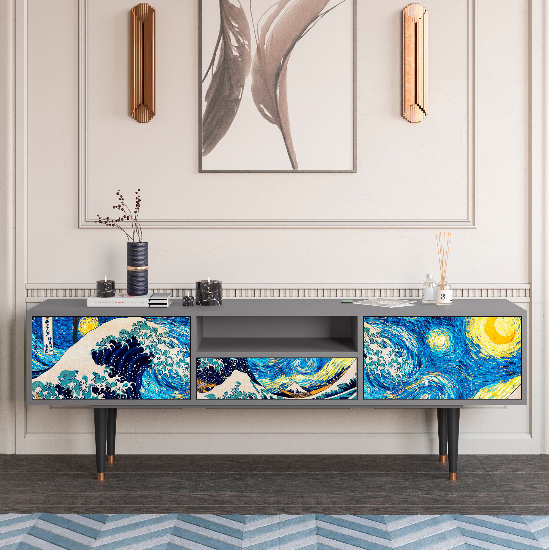 ТВ-Тумба - STORYZ - T6 The Great Wave off Kanagawa by Hokusai, Размер - 170 x 69 x 41 см, Цвет корпуса - , Серый