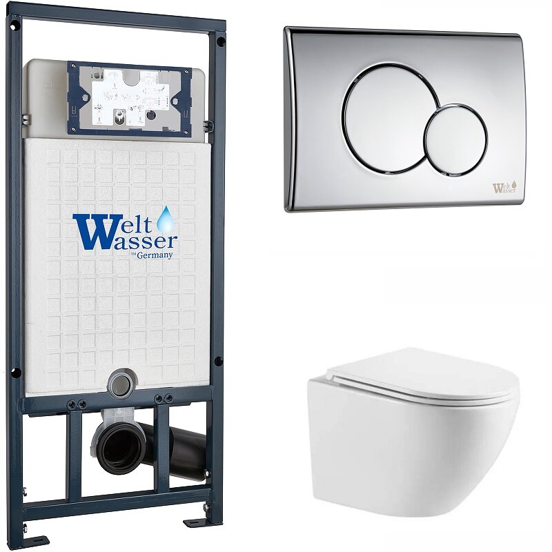 Унитаз подвесной WeltWasser MARBERG 507+MERZBACH 043 XL GL-WT+MAR 507 RD-CR белый/кнопка хром, безободковый, с крышкой микролифт, с инсталляцией, слив торнадо