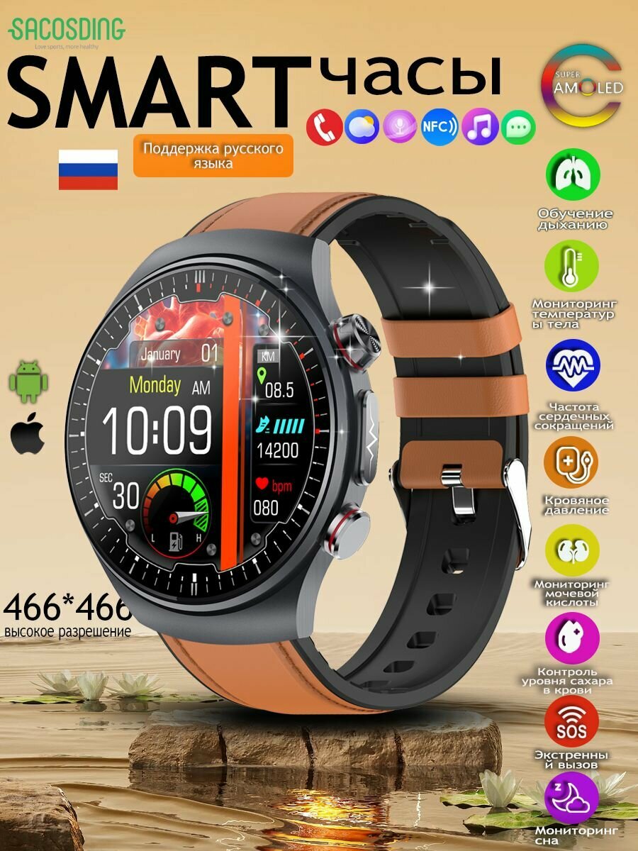 466*466 HD Bluetooth Talking Smartwatch с функцией определения состояния здоровья (температура сахара в крови, артериальное давление, кислород в крови, .