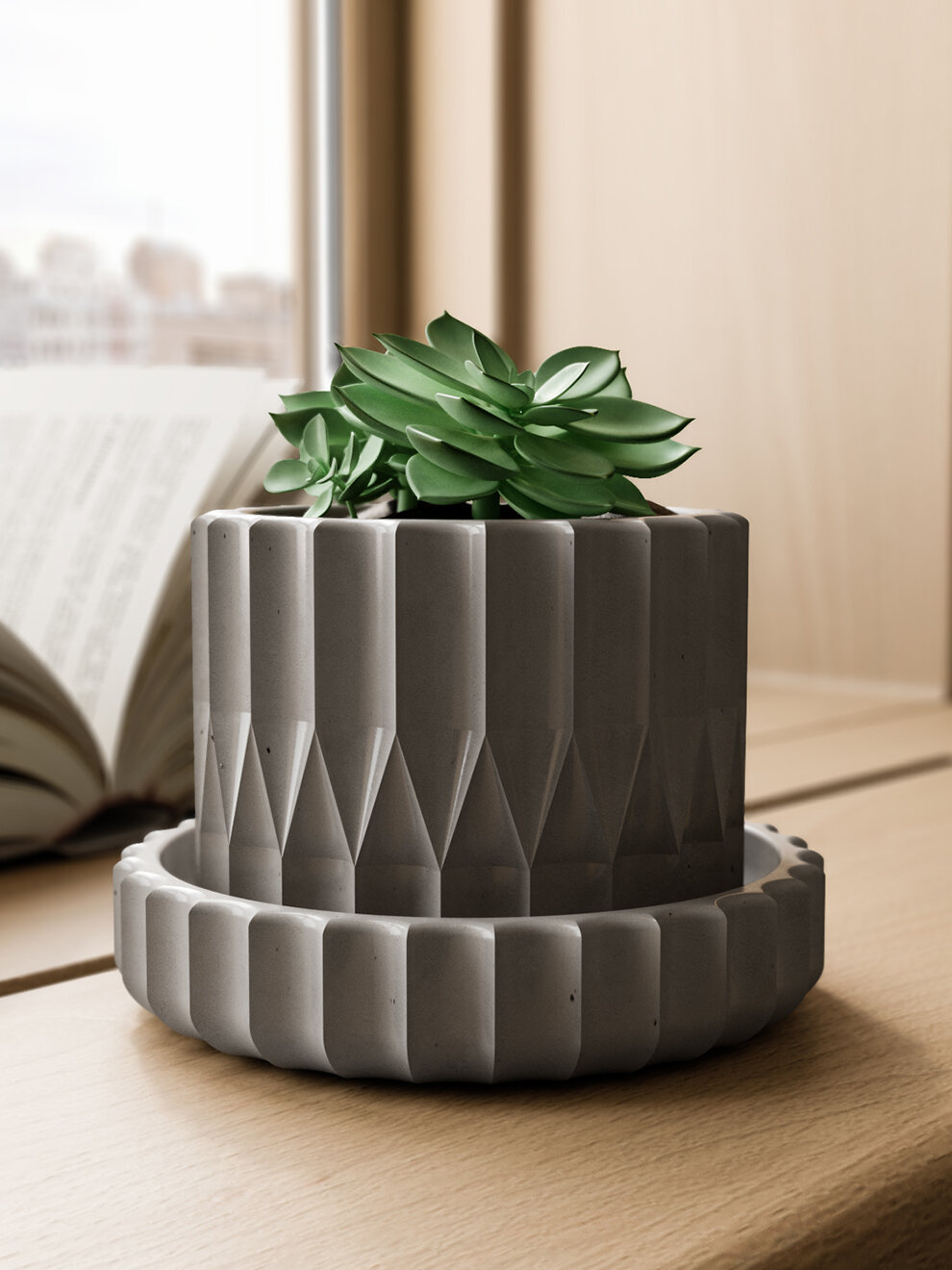 Кашпо для цветов и растений с поддоном серый глянцевый San Marino XS, 0,28 л.