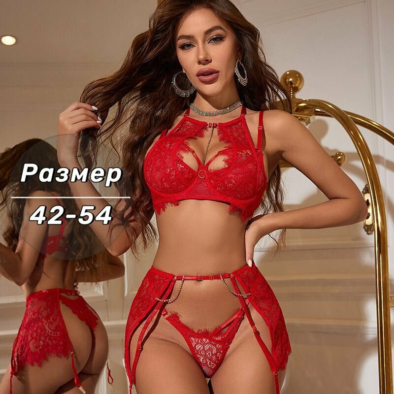 Комплект женского нижнего белья "Сексуальный", кружевной, прозрачный, размер 42-54, красный