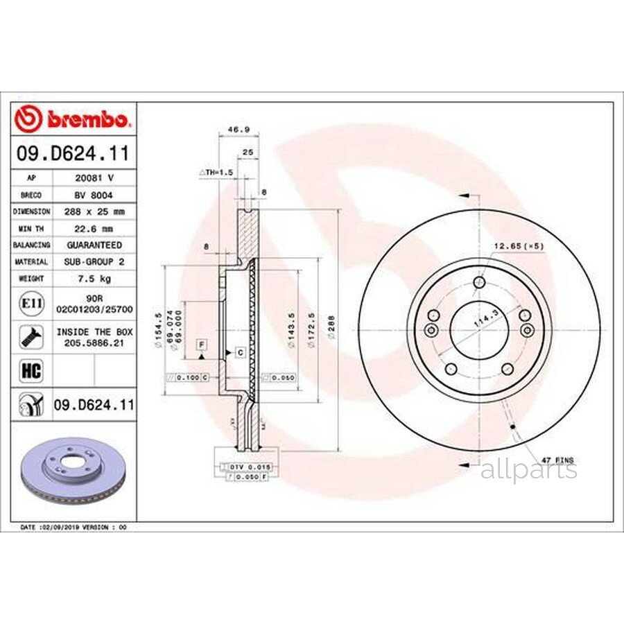 BREMBO 09. D624.11 Диск тормозной передн. с УФ покрытием HYUNDAI i30 (PDE PD PDEN) 11/16-> / HYUNDAI i30 Estate (PDE)