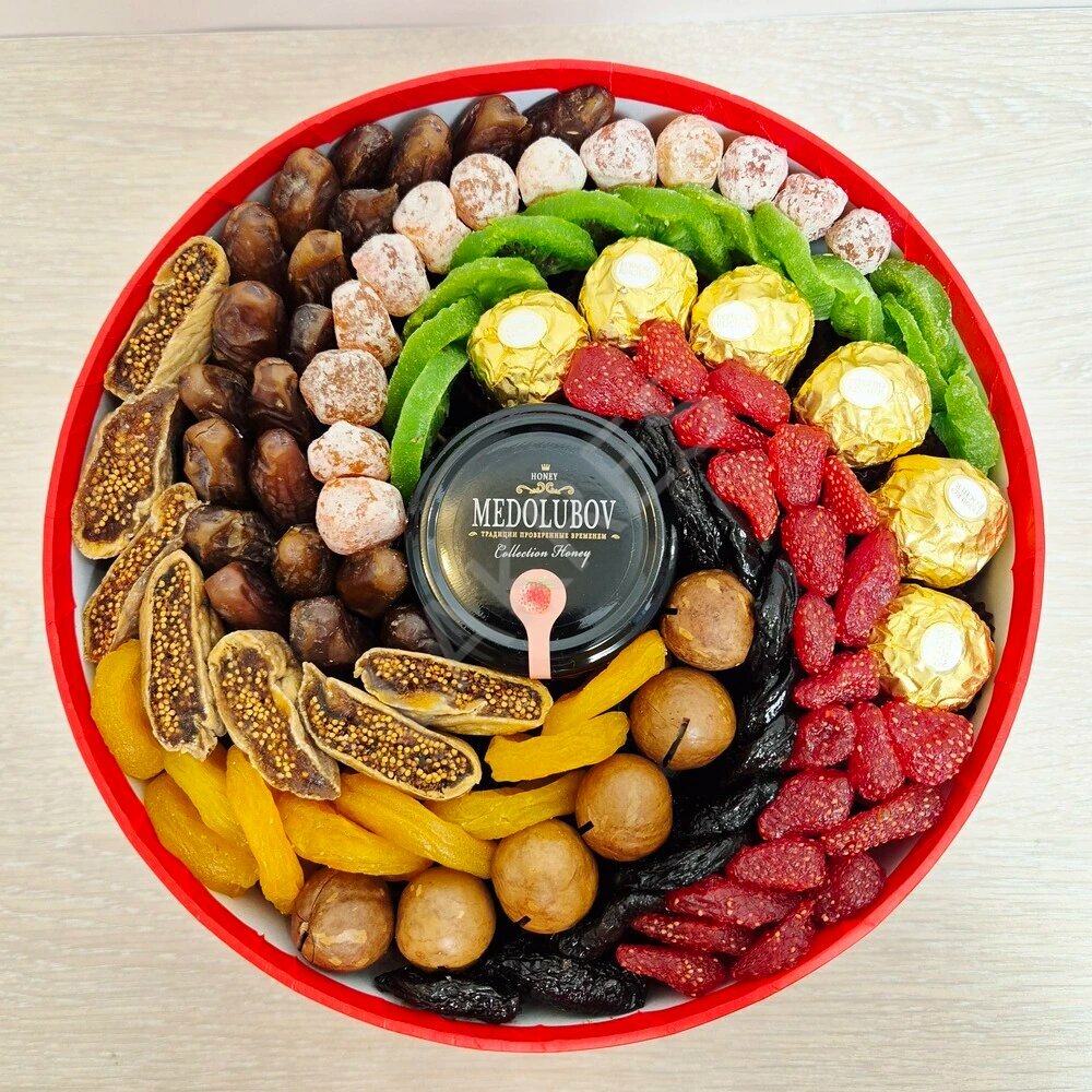 Сухофрукты и конфеты LAKRES, в подарочной коробке, диаметр 24 см