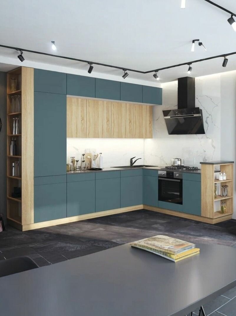 Кухонный гарнитур угловой Техно-5 3,2х2,4м браш блю/дуб сонома/корпус белый со столешницей миф