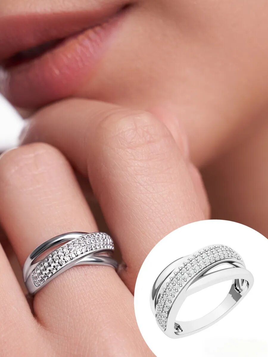 Кольцо широкое, серебро, 925 проба, родирование, фианит